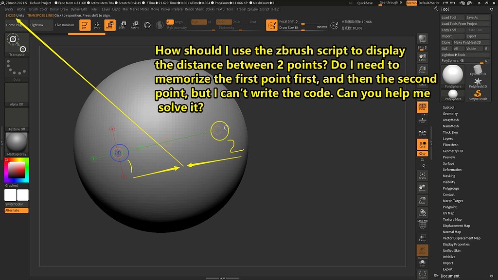 How should I use the zbrush script to display the distance between 2 points? - ZBrushCentral