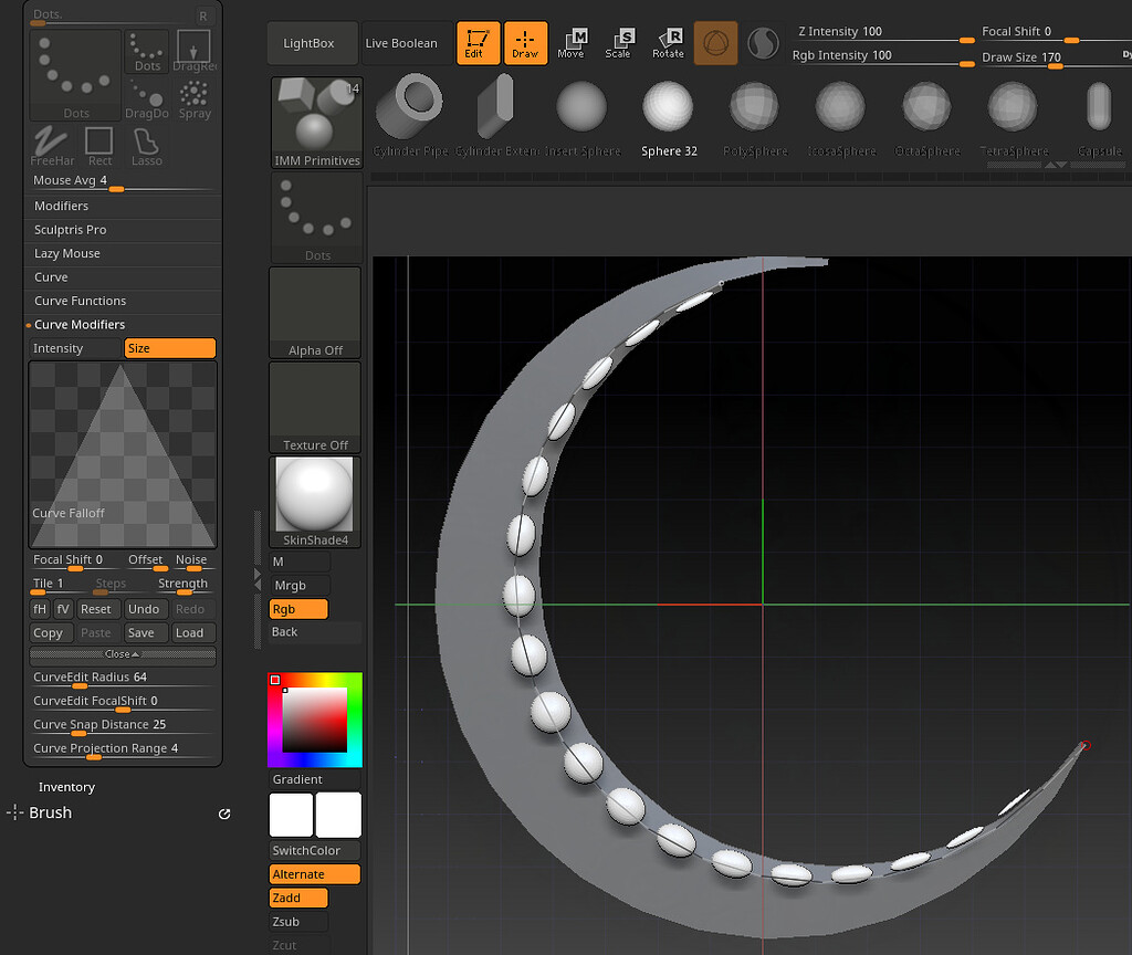 How to taper IMM-Sphere along curve - without compress (pearl necklace) - ZBrushCentral