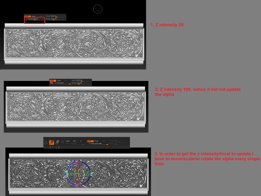 Zbrush4 Projection Master: Alphas Not updating zIntensity/ focalshift ...